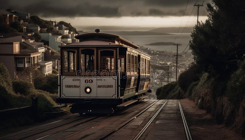Old Cable Car Travels through City Skyline Generated by AI Stock ...