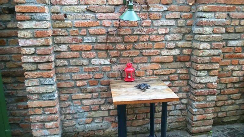 Old Cafe, Brick Wall, Retro Table, Retro Lamp Stock Image - Image of ...