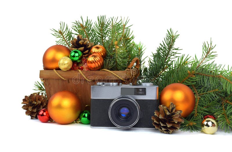 The Old Camera and a Christmas Tree. Isolated. Stock Image - Image of ...