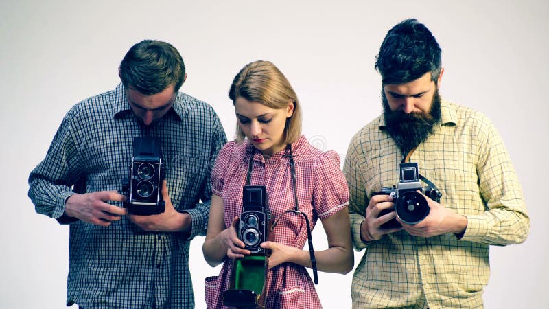 Old Camera. Concept of Studio Shooting. Three Photographers Adjust ...