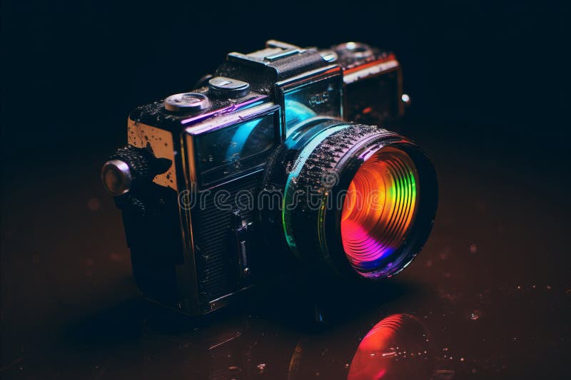 An Old Camera with a Rainbow Colored Lens Stock Illustration ...