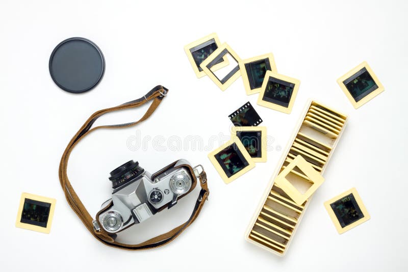 Old Camera and Slides Flat Lay on White Stock Image - Image of frame ...