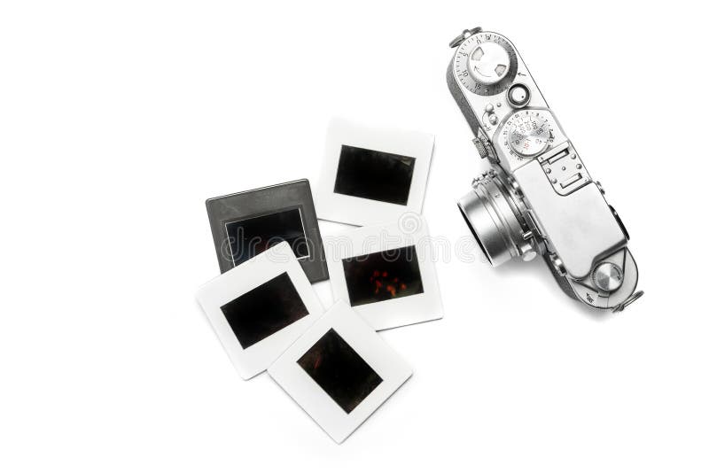 Old Camera and Slides on White Background Stock Photo - Image of slide ...