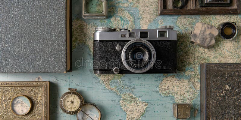 Old Camera on World Map, Surrounded by Compasses, Frames, Boxes, Book ...
