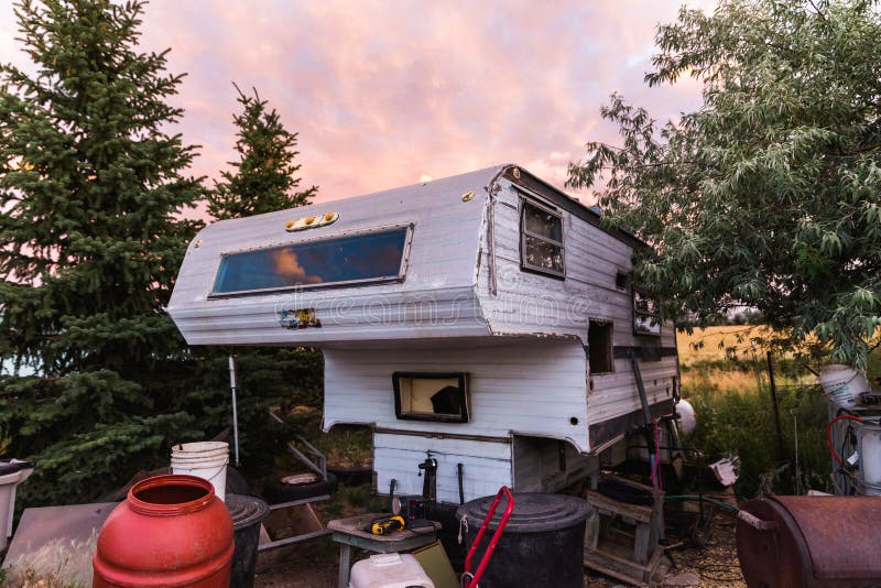 Old Worn Out Camper Trailers Sitting In The Junk Yard. Stock Image ...