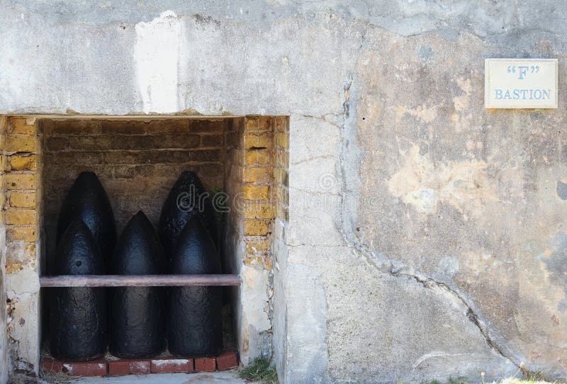 Old Cannon Shells Stored in Limestone Wall of the Keep Fortress in ...