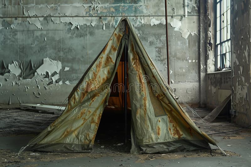 Old Canvas Tent Pitched Inside Abandoned Building Stock Image - Image ...