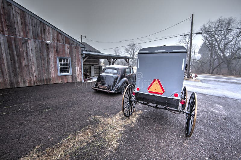 Old car and Amish buggy stock image. Image of pennsylvania - 84653249