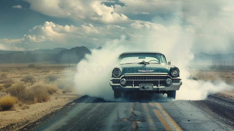 Old Car Breaks Down and Emits Smoke in the Desert Stock Illustration ...