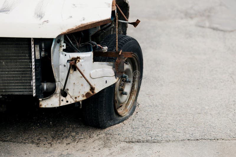 Broken Wheel of an Old Red Car in Rainy Weather Stock Image - Image of ...