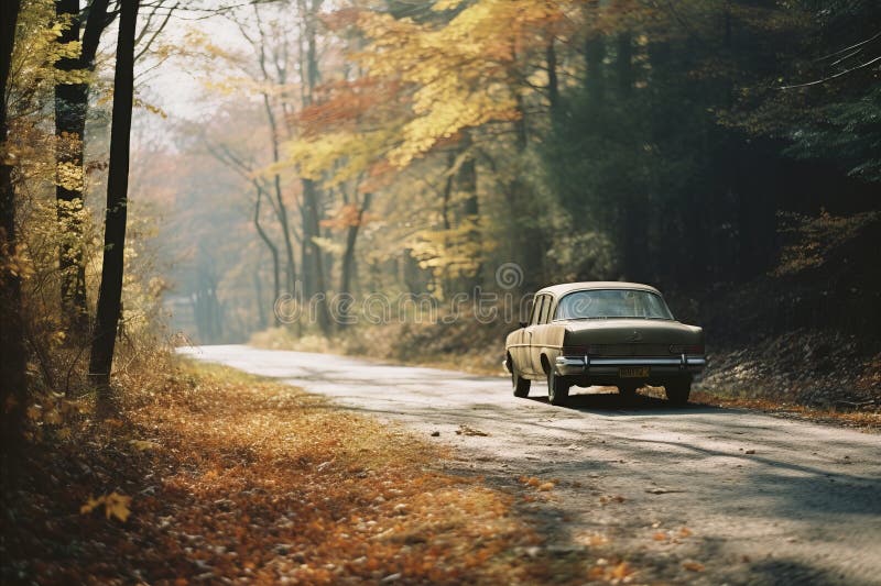 An Old Car Driving Down a Country Road in the Fall Stock Illustration ...