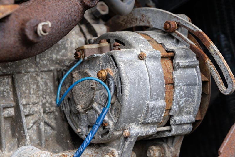 Old Car Engine Alternator Rust Covered with Duct Tape Blue Wire Stock ...