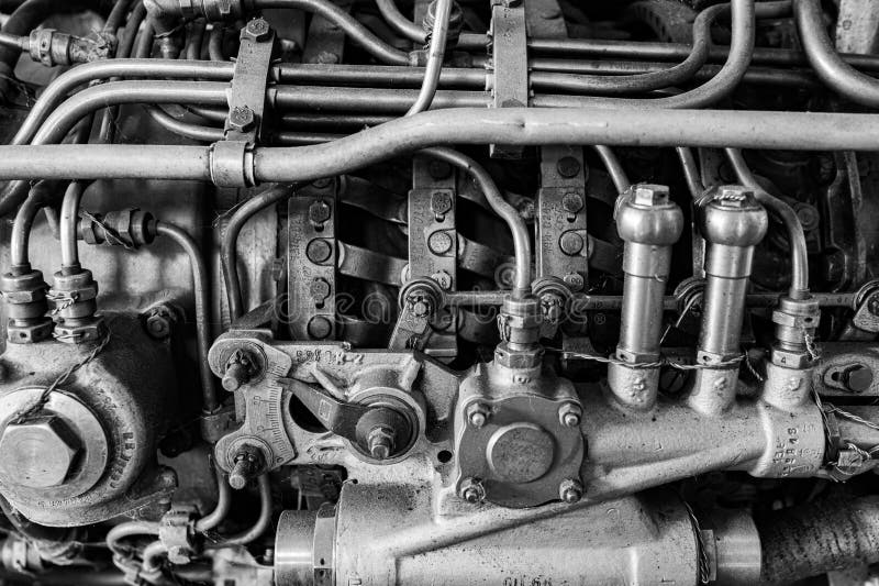 Old Car Engine Fuel Delivery System with Pressure Lines and Regulators ...