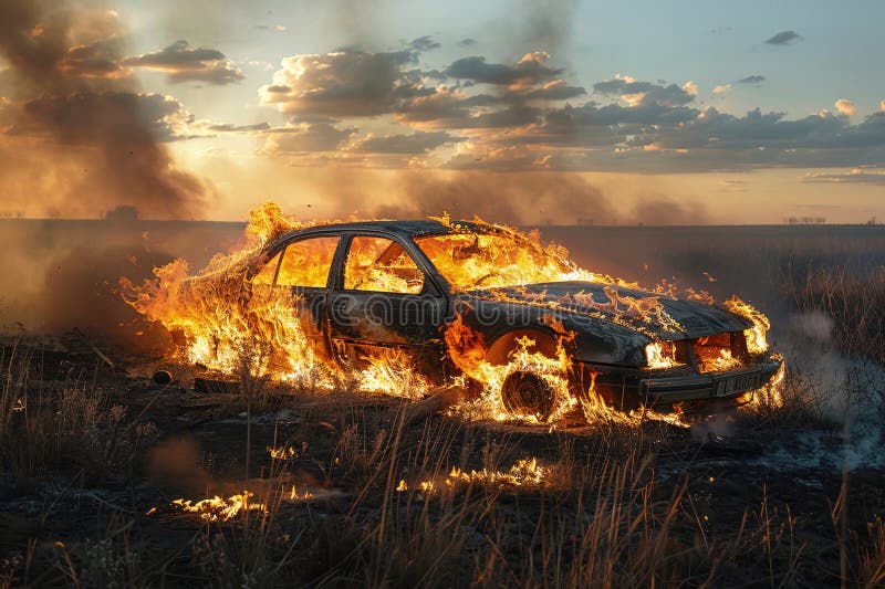 Old Car is on Fire with Flames and Smoke in Field at Evening Stock ...