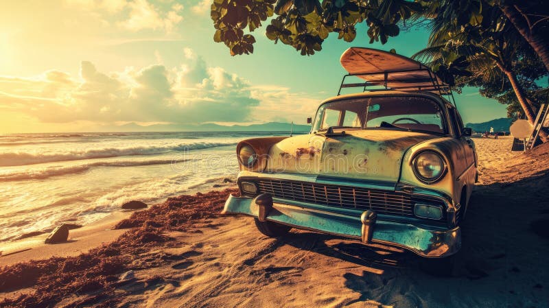 An Old Car Parked on a Tropical Beach with a Canoe on the Roof Stock ...