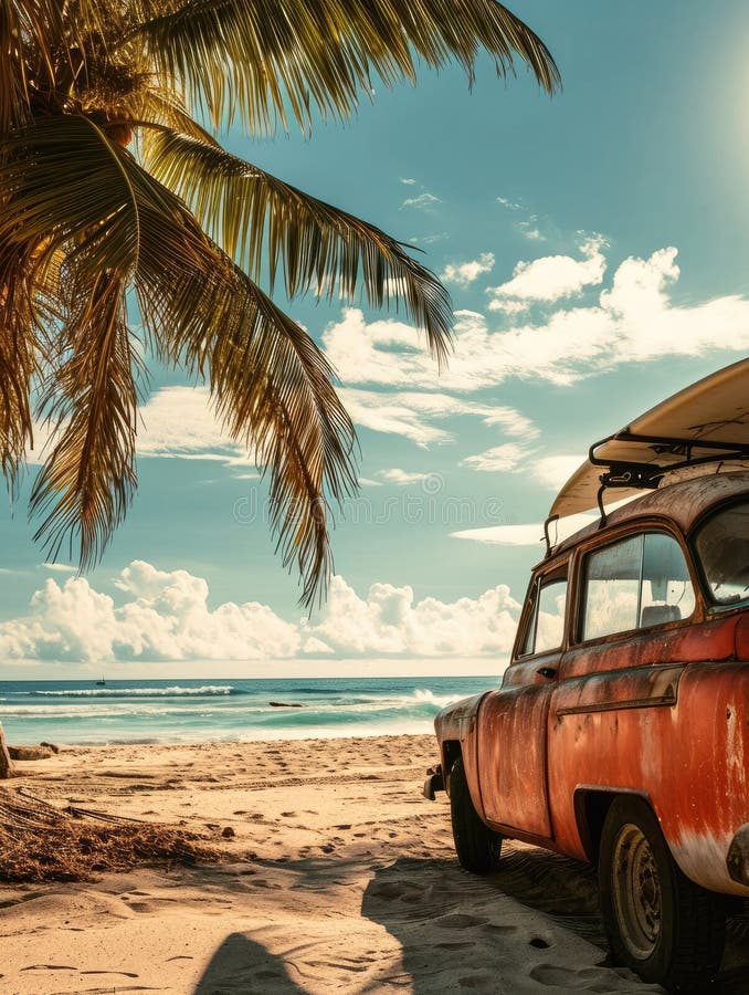 An Old Car Parked on a Tropical Beach with a Canoe on the Roof Stock ...