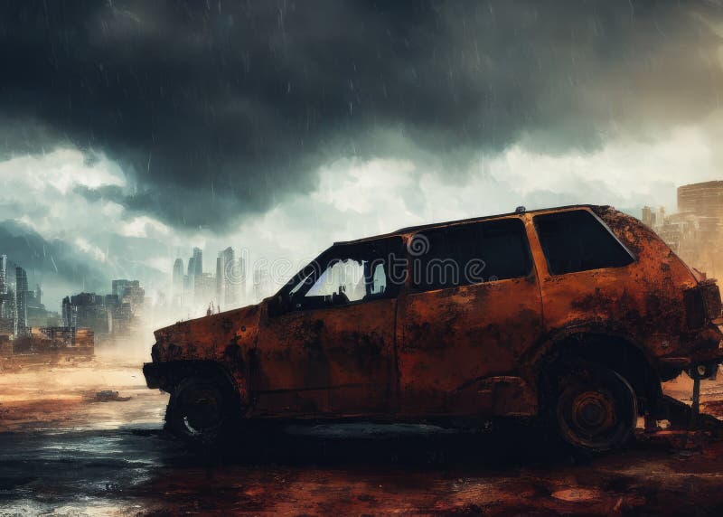 An Old Car in a Post-apocalypse World. Stock Image - Image of darkness ...
