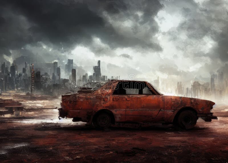 An Old Car in a Post-apocalypse World. Stock Image - Image of ...