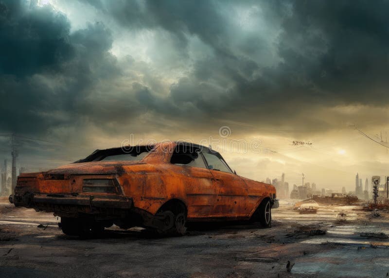 An Old Car in a Post-apocalypse World. Stock Photo - Image of painting ...