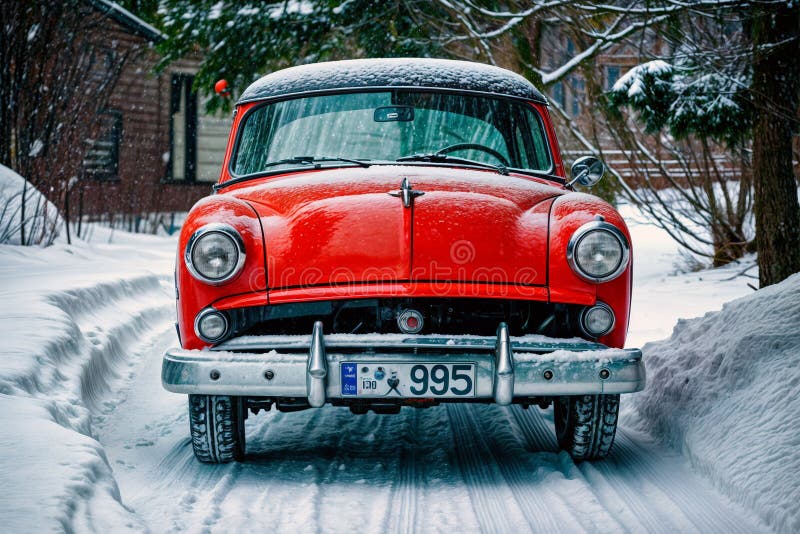 Old Car. Old Red Car on a Snowy Road Stock Illustration - Illustration ...