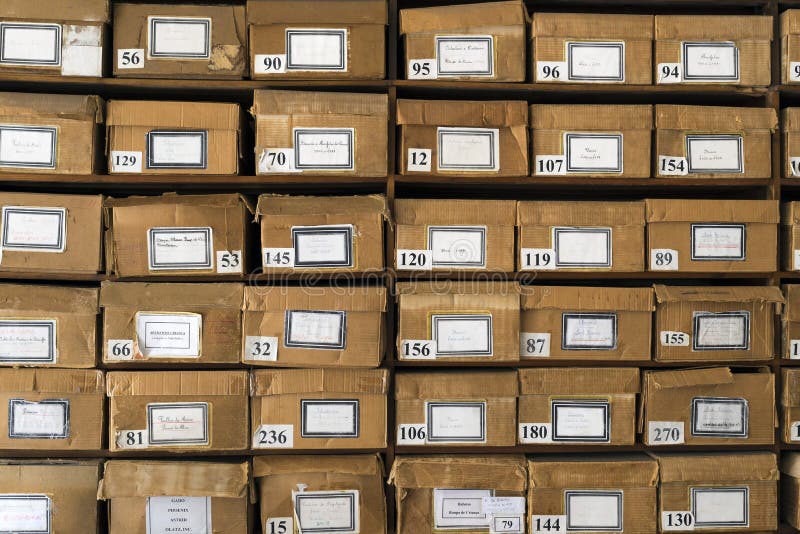 Old Cardboard Boxes Fill Shelves Stock Photo - Image of research ...