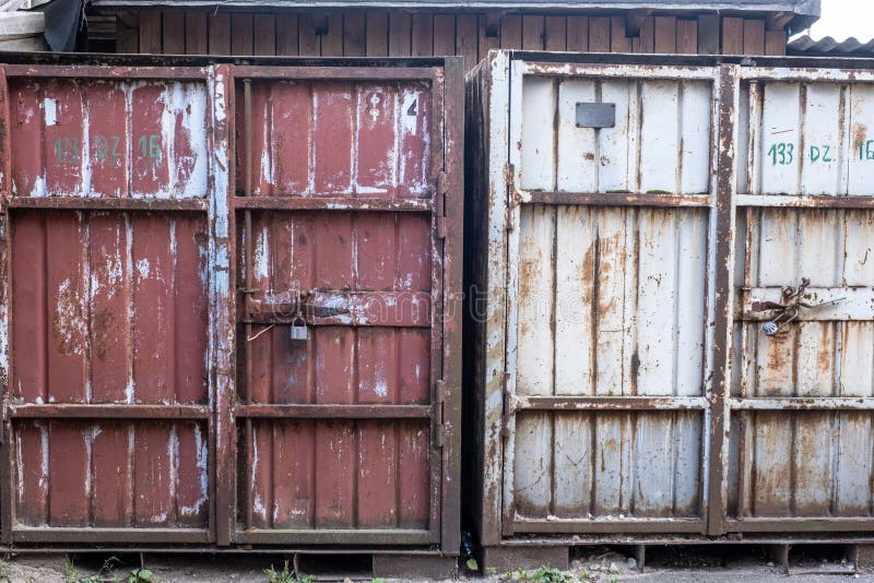Old Cargo Containers with Scratch and Rust. Steel Padlock, Metal Door ...