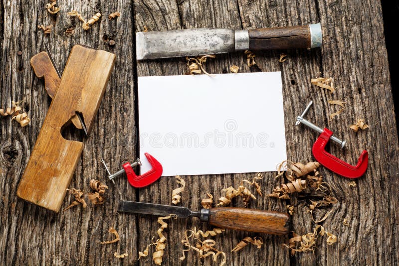 Old Carpenter Tools on Rustic Wood Table with Blank Paper Top View ...