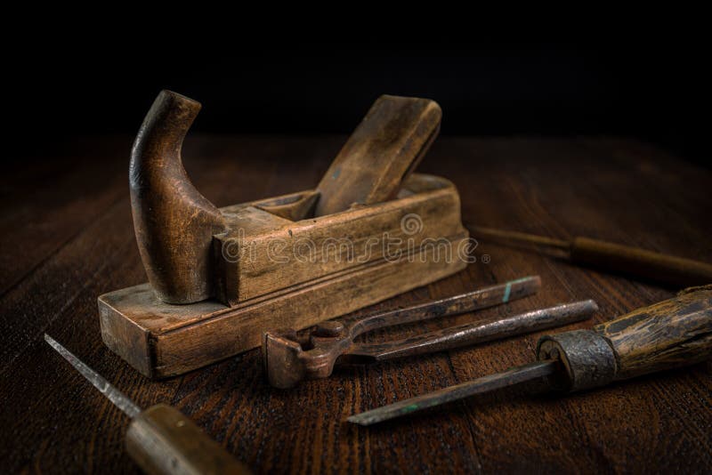 Old Carpentry Tools on a Wooden Table Stock Photo - Image of grunge ...