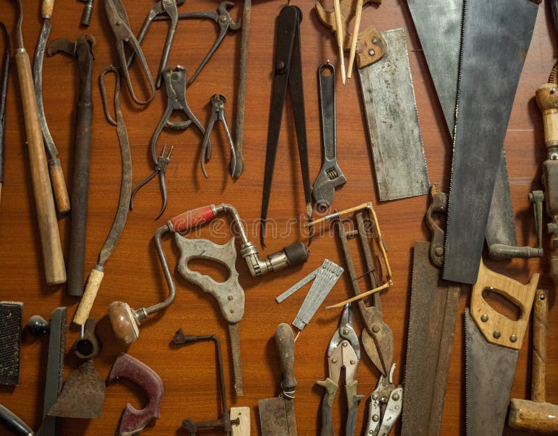 Old Carpentry Tools on an Old Workbench Stock Image - Image of handle ...