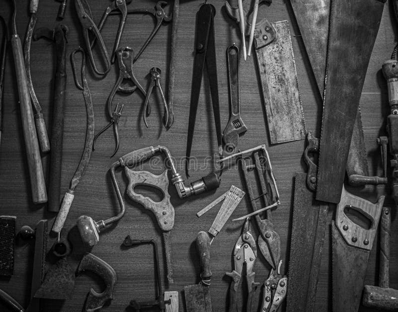 Old Carpentry Tools on an Old Workbench in Black and White Stock Photo ...
