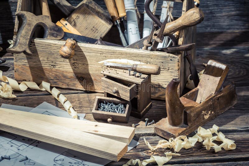 Old Carpentry Workshop with Toolbox Stock Photo - Image of drill, nail ...