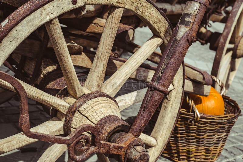 Old Carriage with Rusty Wheels and Pumpkins Stock Image - Image of ...