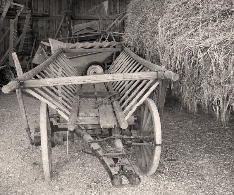 Hay cart in old barn. stock photo. Image of farm, wooden - 96815994