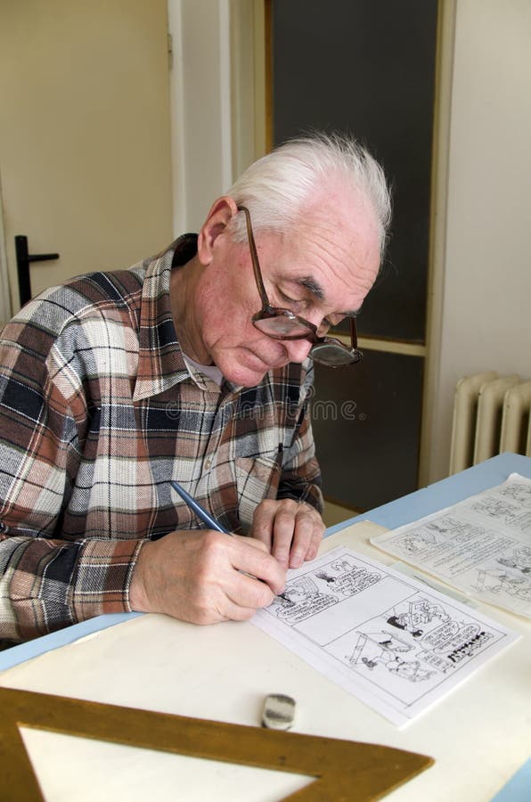 The old cartoonist at work stock photo. Image of senior - 30713510