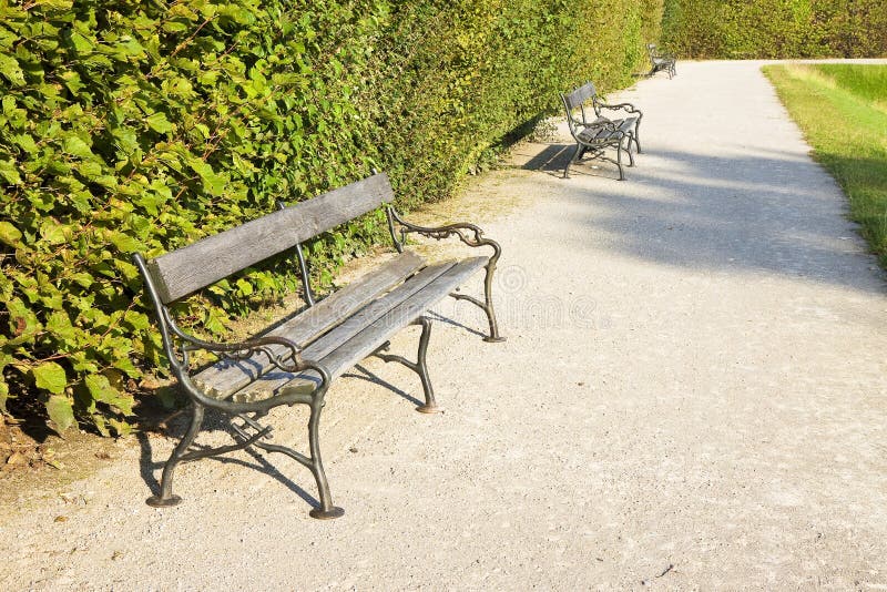 Old Cast Iron Colored Bench in a Park with Wooden Seat and Back Stock ...