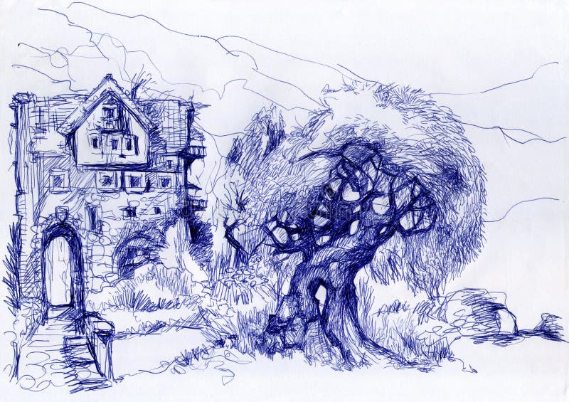 An Old Castle and a Big Tree. Sketch Illustration. Stock Illustration ...