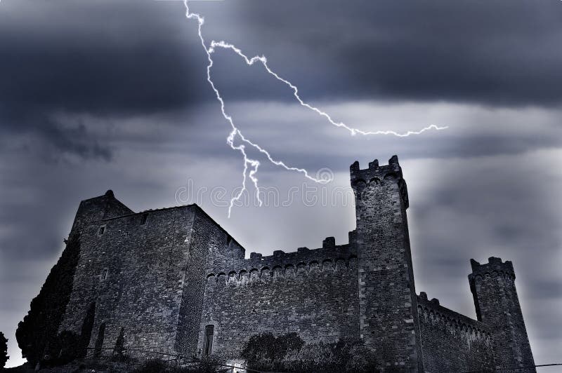 Old castle with lightning stock photo. Image of black - 15020134