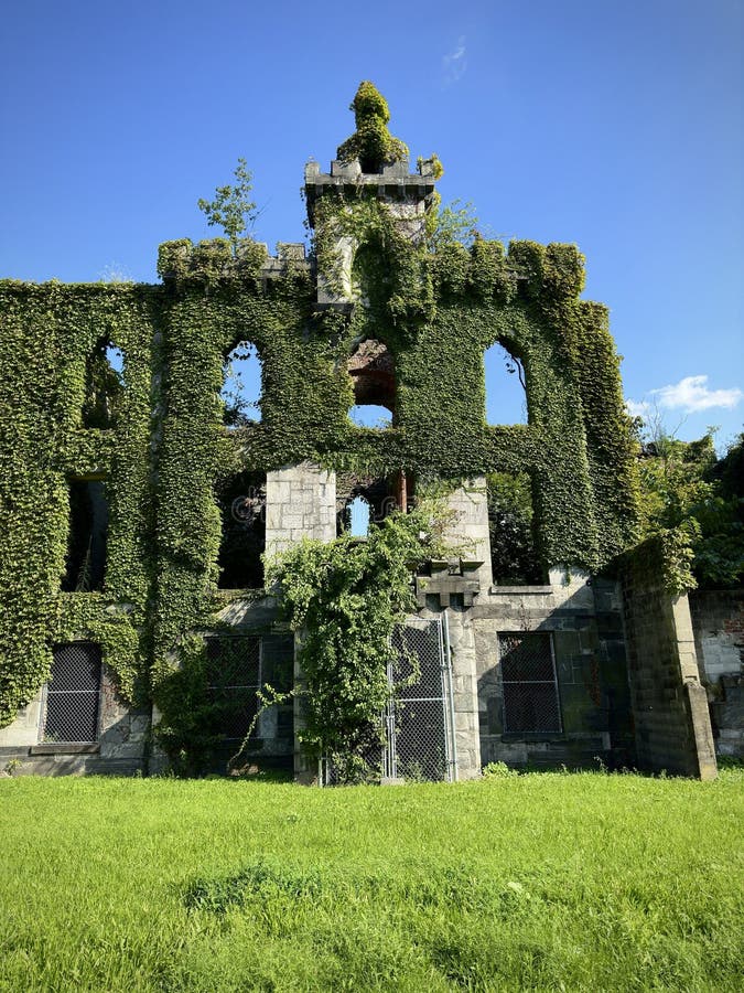 Historic Stone Castle Facade Ivy Covered Tower Arched Windows Stock ...