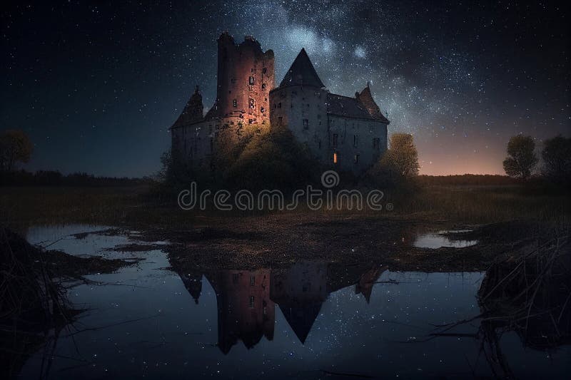 Old Castle at Night. Night Landscape with Stars Stock Illustration ...