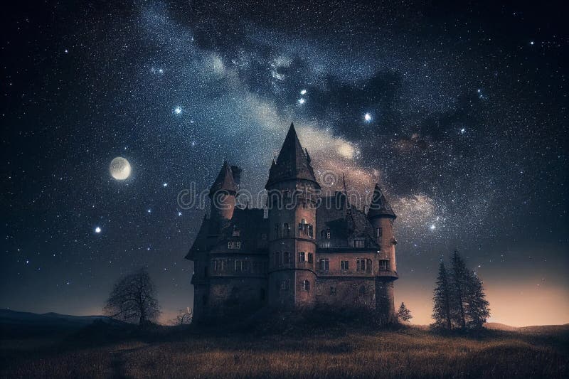 Old Castle at Night. Night Landscape with Stars Stock Illustration ...