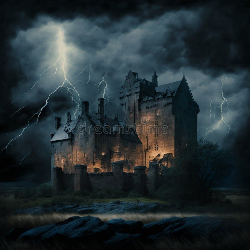 Old Castle at Night with Thunderstorms Generative AI Stock Illustration ...