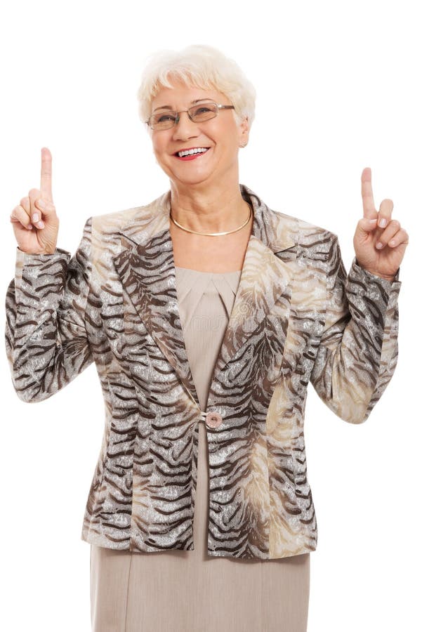 An Old Casual Lady Pointing Up on Copy Space. Stock Image - Image of ...