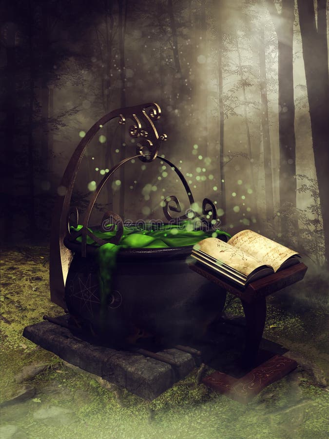 Old cauldron and a book stock illustration. Illustration of tree ...