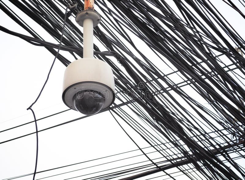 Old CCTV Camera Security Hanging on Chaos of Cables Stock Photo - Image ...