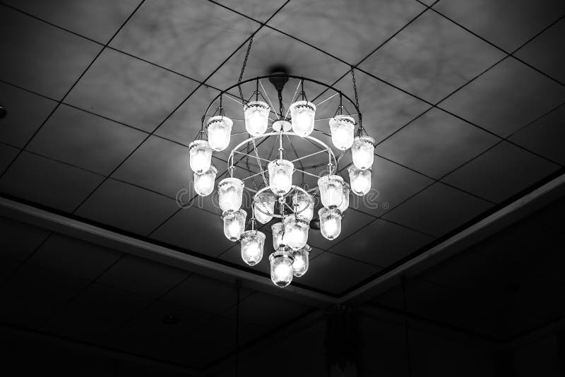 Old Ceiling Light Lantern in the Dark Room Black and White Stock Image ...