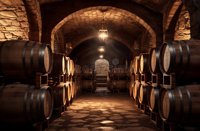 Old Cellar with Bottles and Barrels Under Castle Making Wine Stock ...