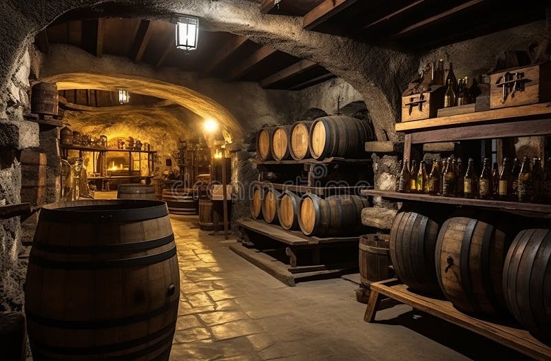Old Cellar with Bottles and Barrels Under Castle Making Wine Stock ...