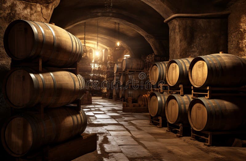 Old Cellar with Bottles and Barrels Under Castle Making Wine Stock ...