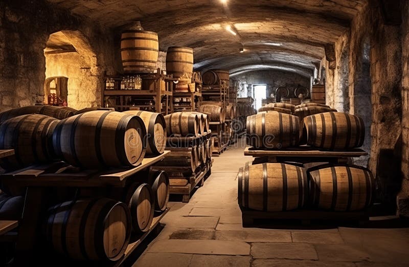Old Cellar with Bottles and Barrels Under Castle Making Wine Stock ...