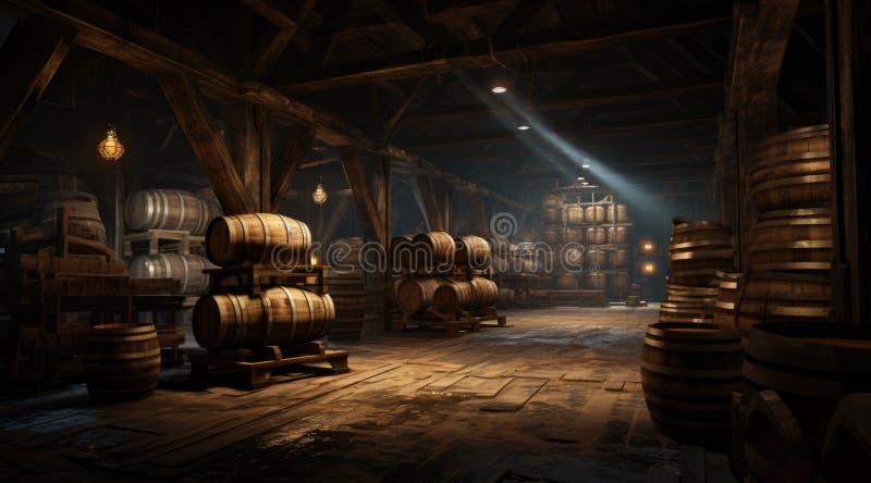 Old Cellar with Bottles and Barrels Under Castle Making Wine Stock ...